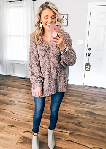 KIRUNDO Women's 2023 Fall Winter Oversized Fuzzy Popcorn Sweaters Trendy V Neck Long Sleeve Cozy Pullover Tunic Tops(X-Large, Khaki)