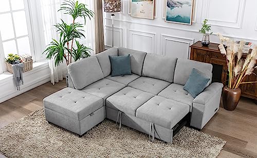L-Shaped Corner Sleeper Sectional Sofa W/ Pull Out Cozy Sleep Couch Bed, Modern Practical Sectional & Sofa with Storage Ottoman ,Hidden Arm Storage and USB Charge for Home Apartment Living Room Sets