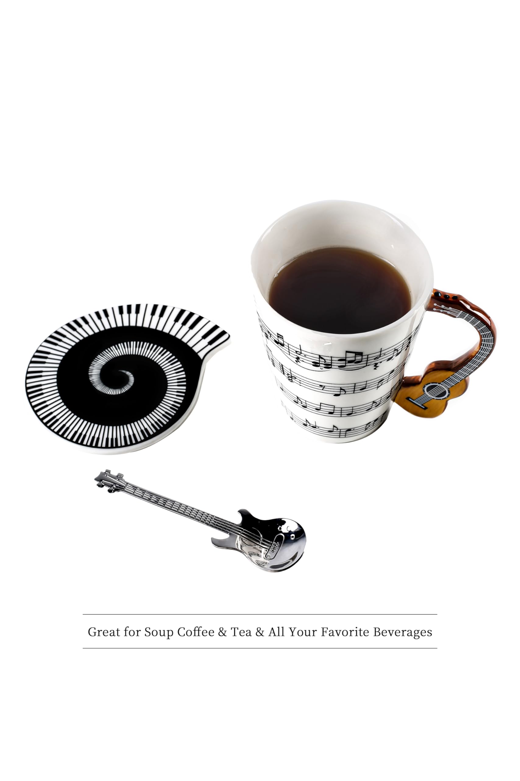 Guitar Novelty Mug Unique Musical Gift Coffee Cup with Cool Music Themed Lid & Guitar Handle Design & Guitar Spoon, Great Gifts for Music Teacher, & Guitar Lovers for Holidays, Fathers Day, Men, Women