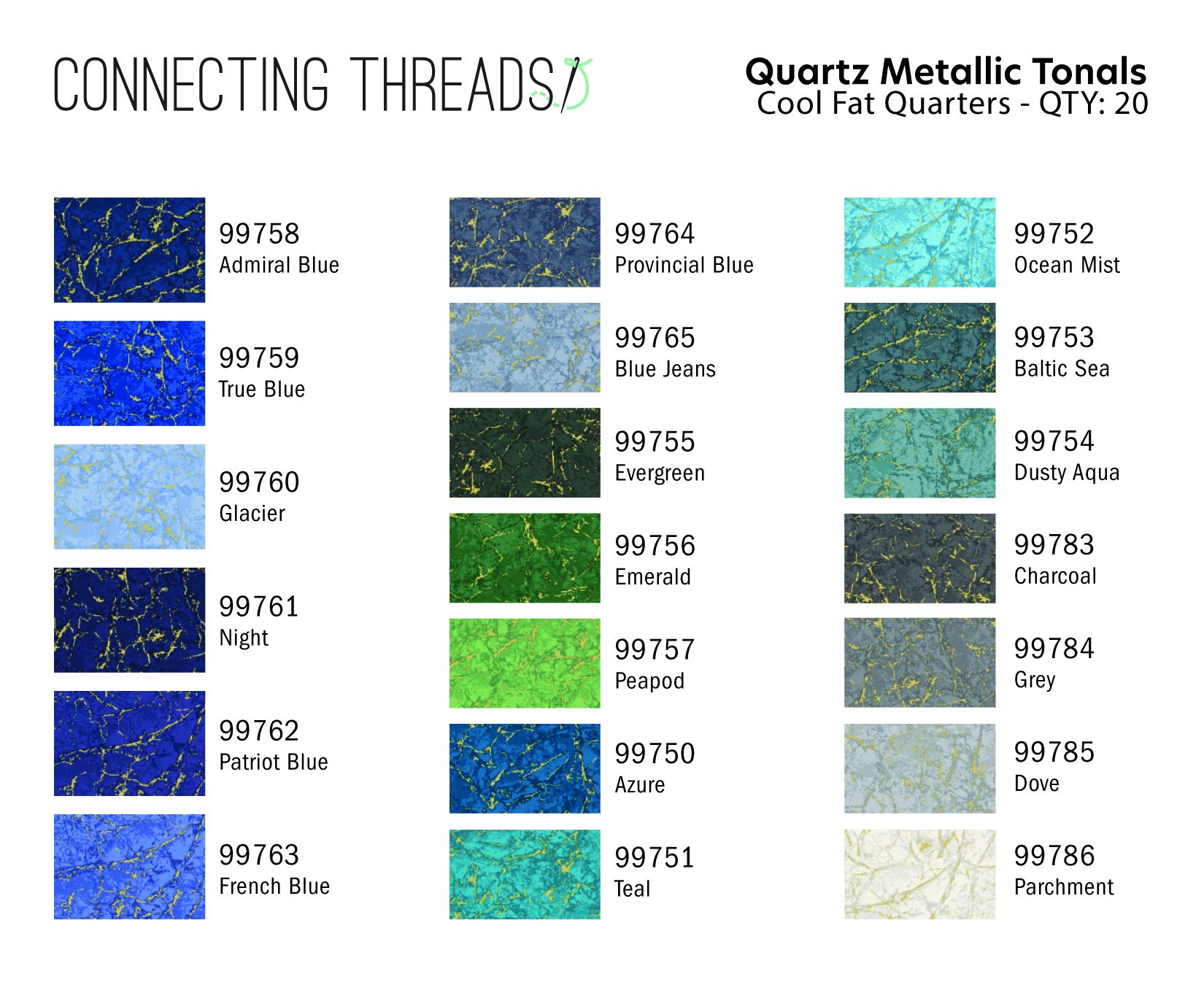 Connecting Threads Blender Collection Precut 20 pcs 18"x22" 100% Cotton Quilting Fabric Bundle Fat Quarter (Quartz Metallic Tonals Cool)