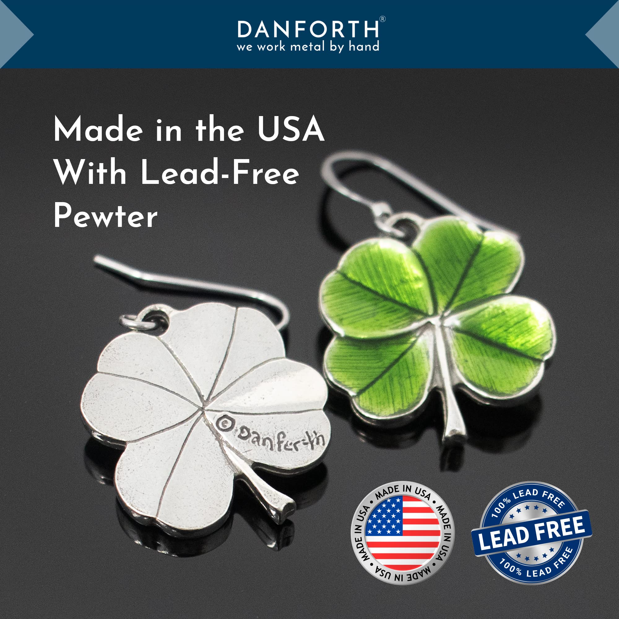 DANFORTH – Green Four Leaf Clover Earrings, Shamrock Dangle Earrings, Handcrafted Pewter 4 Leaf Clover Earrings For Women, ¾”, Made In USA