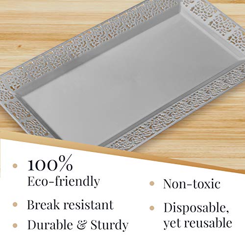 Elegant Lace Plastic Serving Trays (6 PC), Disposable Plastic Trays and Platters for Party - 14β x 7.5β, Serves Snacks, Charcuterie, Desserts, Sweets, Perfect for Upscale Wedding, and Dining - Silver