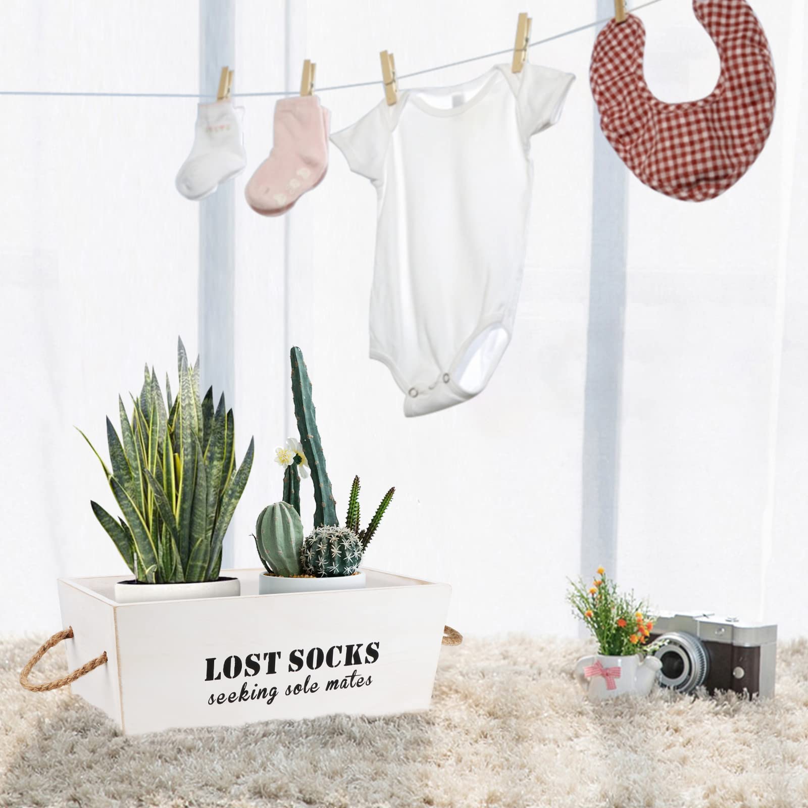 Zimso Lost Socks Basket Lost Socks Sign, Wooden Missing Socks Decor, Lost Socks Sign With Basket (White)