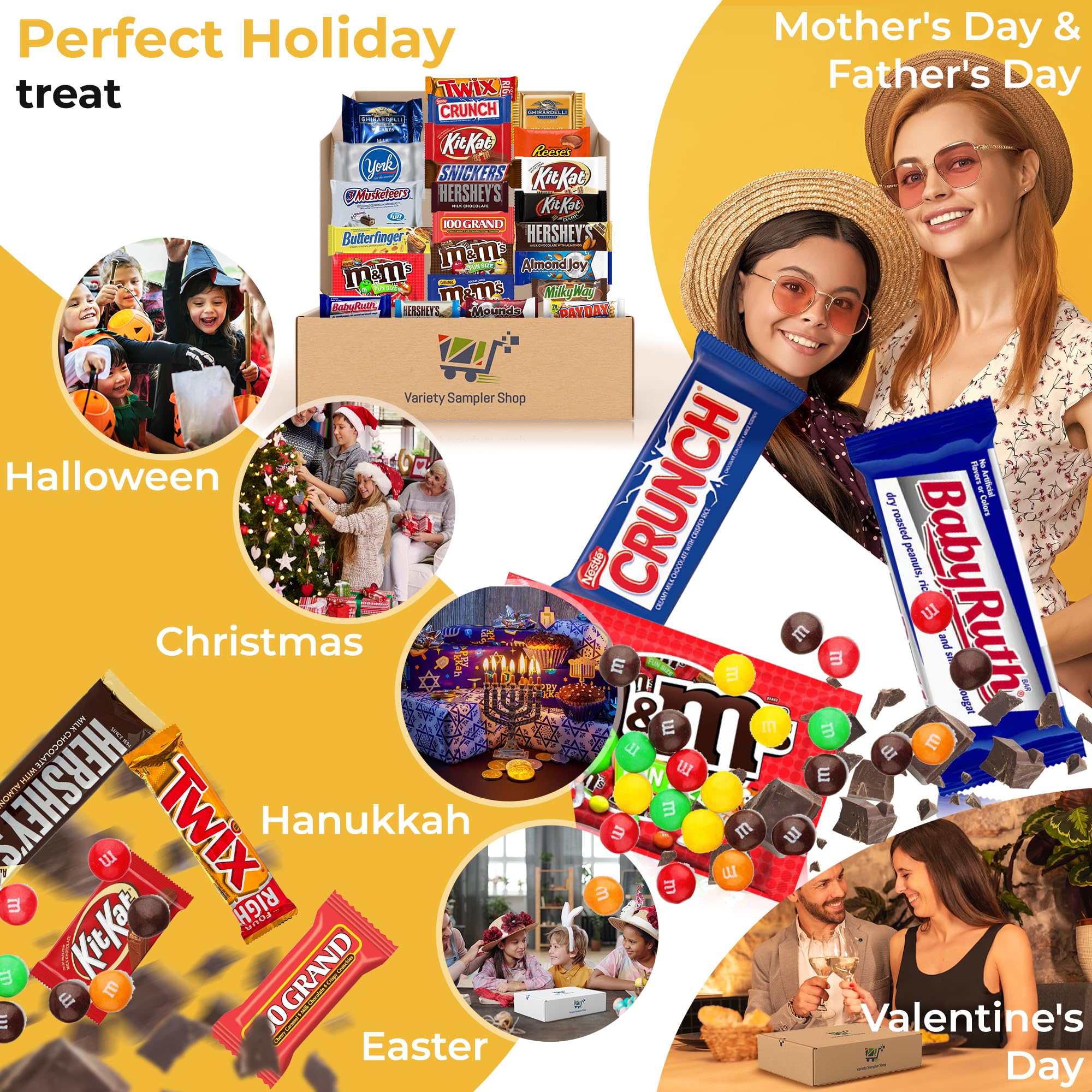 Chocolate Candy Variety Pack Gift Box - 50 Fun Size Candy Bars Assortment - Adult Chocolate Gifts for Women, Birthday, College Care Package