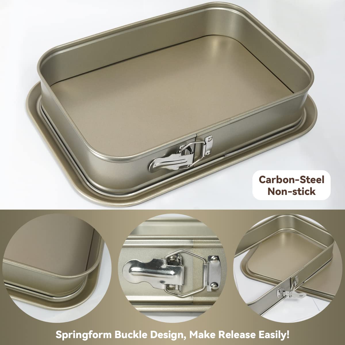 Chenchen Non-stick Springform Pan Cheesecake Pan,Tiramisu Pan,Rectangle Cake Pan with Removable Bottom, Gold,14 x 9 x 3 inch