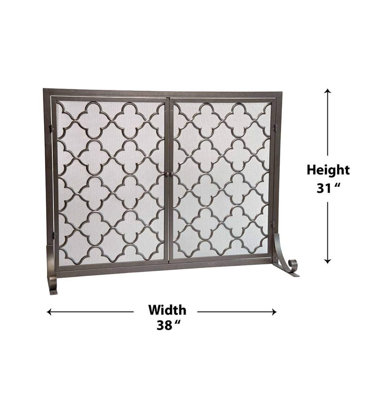 Plow & Hearth Metal Fireplace Screen Geometric Bronze | 44" W x 33" H | 2 - Door | Spark Guard Indoor Grate | Iron Fire Place Cover | Wood Burning Stove Decorative Accessories