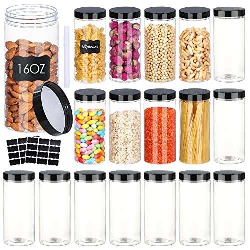 OUSHINAN Plastic Jars with Screw On Lids, Pen and Labels Refillable Empty Round Slime Cosmetics Containers for Storing Dry Food, Makeup, Slime, Honey Jam, Cream, Butter, Lotion… (18PCS 16OZ Black)