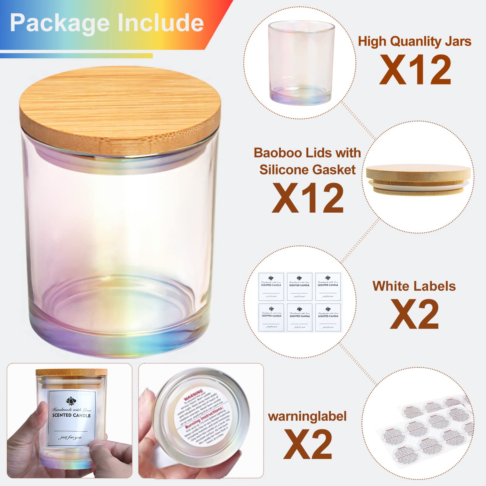 CONNOO 12 Pack 10 OZ Iridescent Glass Candle Jars for Making Candles with Airtight Bamboo Lids Nice Sticky Warning Labels for Candle Making Empty Container Bulk - Dishwasher Safe