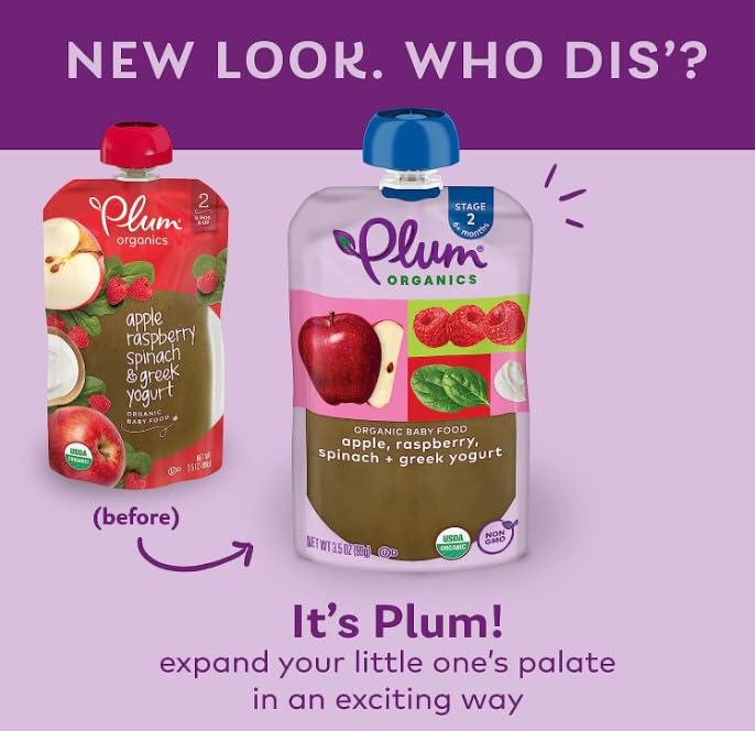 Plum Organics | Stage 2 | Organic Baby Food Meals [6+ Months] | Apple, Raspberry, Spinach & Greek Yogurt | 3.5 Ounce Pouch (Pack Of 6) Packaging May Vary