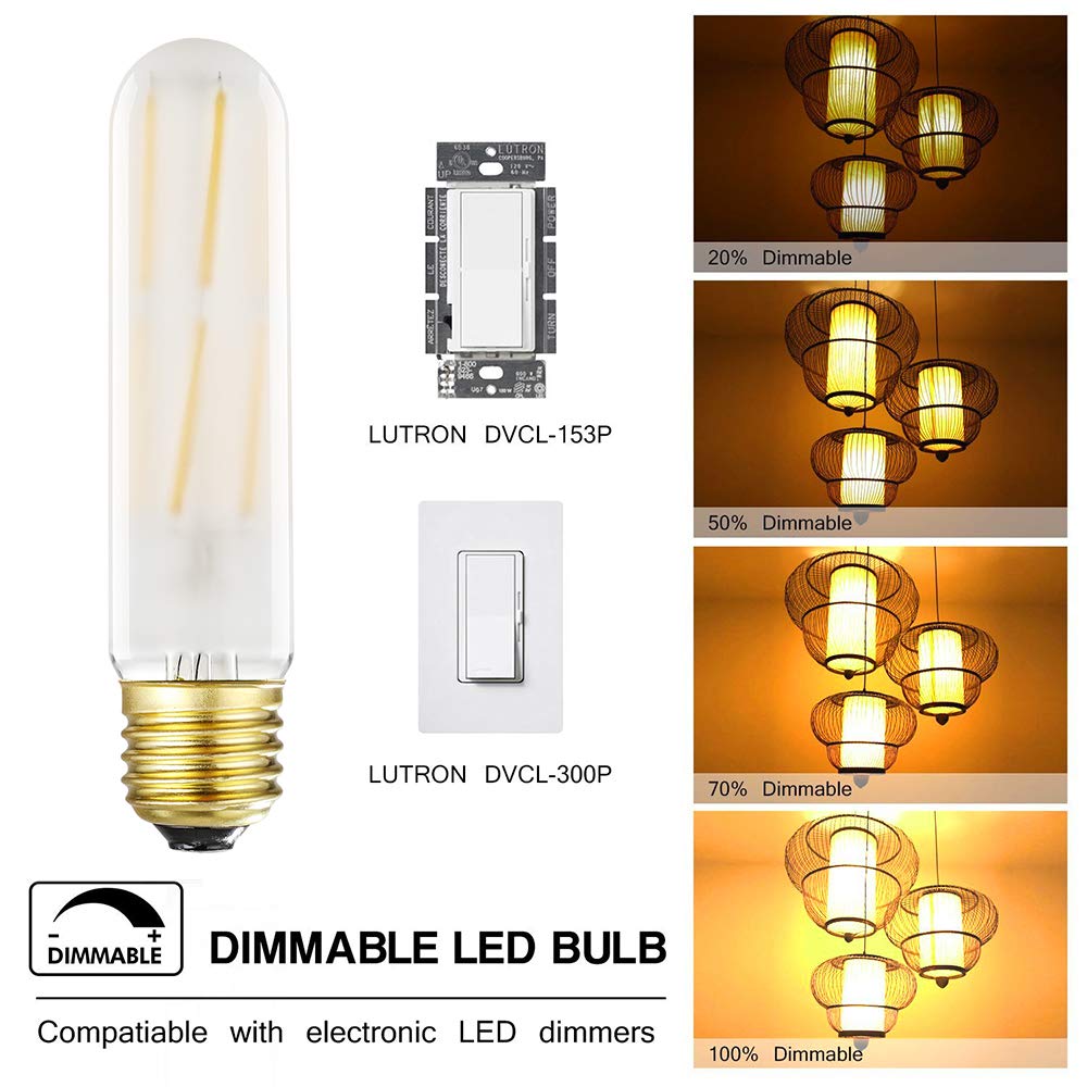 Dimmable T10 LED Bulbs 3000K Soft White,8W Edison Frosted Tubular Filament LED Light Bulbs, 60-75 Watt Equivalent,800Lm, E26 Medium Base Lamp Bulb for Desk Lamp, Pendant Lights,Pack of 6.
