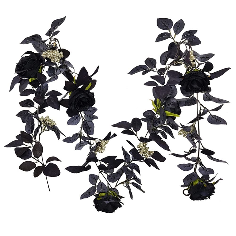 TYLC Artificial Rose Realistic Flower Cane Indoor Outdoor Wall Hanging with Leaves Vine Home Garden Halloween Decor *# (Color : Black)