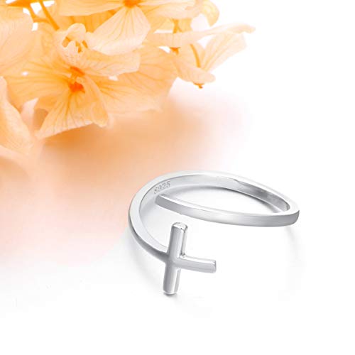 DAOCHONG Simple Cross Ring Sterling Silver Adjustable Cross Wrap Open Ring for Women Daughter Girlfriend Easter Gift, Size 6