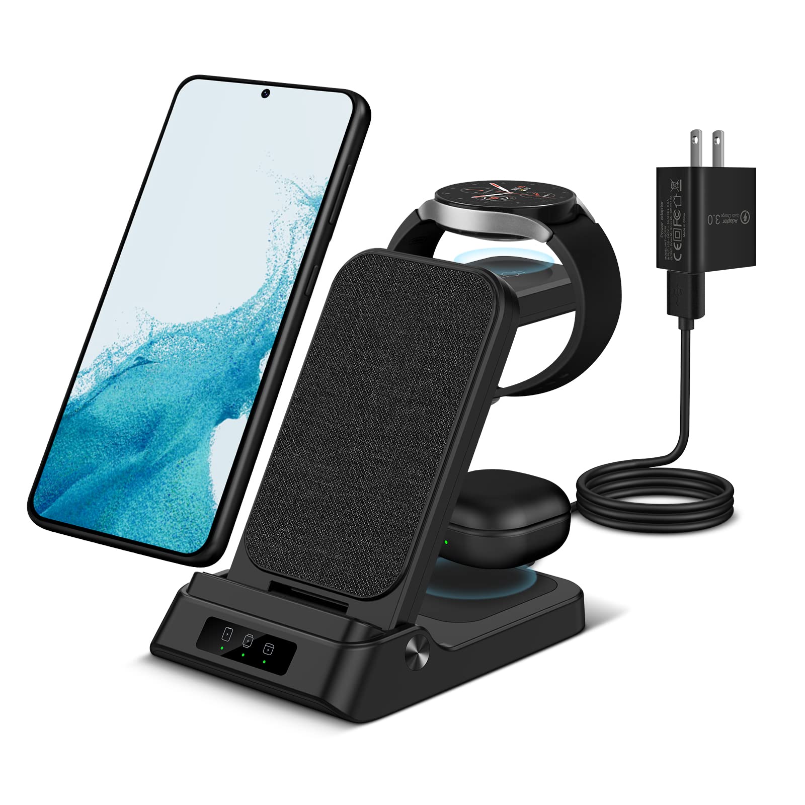 Charging Station for Samsung Wireless Charging 3 in 1: Wireless Charger for Samsung Galaxy S24/S23/S22/S21/S20/S10, Watch 5/4/3/Active2/1, Galaxy Buds/Buds+/Pro/Live/2, 18W Adapter