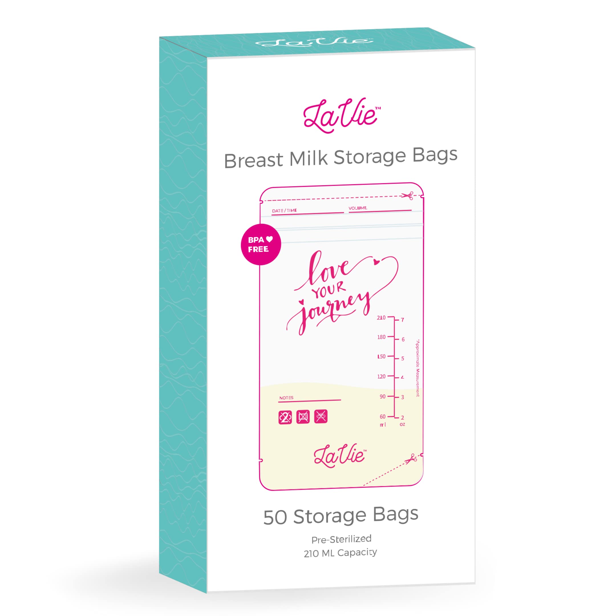 LaVie Breast Milk Storage Bags, 50 Count, 7 Ounce, Pre-Sterilized Breast Milk Containers, Leak-Proof, Space Saving, Self Standing for Refrigerating or Freezing Breast Milk (Pink)