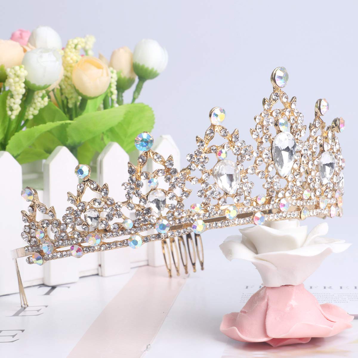 Sppry Women Tiara with Comb - Colorful AB Crystals Crown for Bridal Princess Girls at Wedding Birthday Pageant (Gold)
