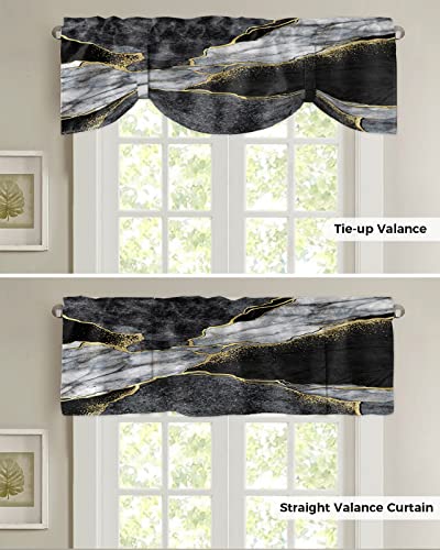 Tie Up Valance for Windows Black Abstract Marble Curtains Valances Rod Pocket Valance Window Treatments White Malachite Gold Veins Tie-up Shade Valance for Kitchen Living Room Bedroom 1 Panel 60x18