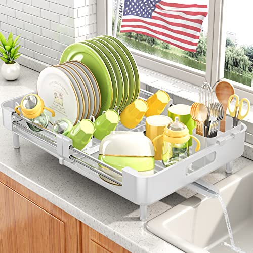 Kitchen Counter Dish Drainers Rack, Auto-Drain Expandable(13.2"-19.7") Stainless Steel Large Strainers Over Sink Drying Rack Drainboard with Utensil Holder Caddy Organizer, White