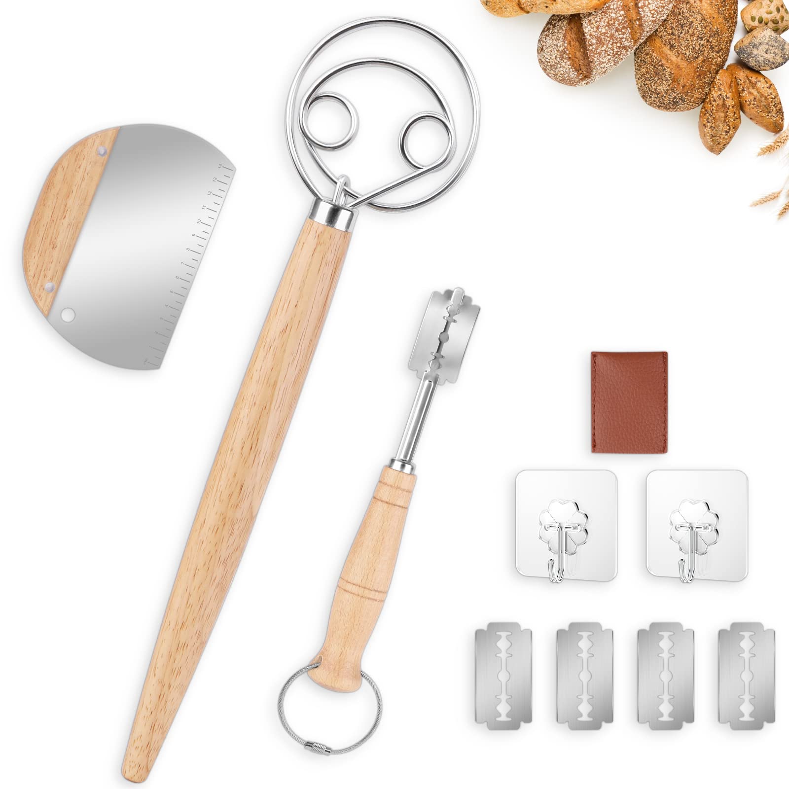 Danish Dough Whisk Bread Mixer Set, Hook Dutch Whisk and Dough Scraper with 4 Replacement Blades for Bread Dough, Pastry or Pizza Dough - Perfect for Baking