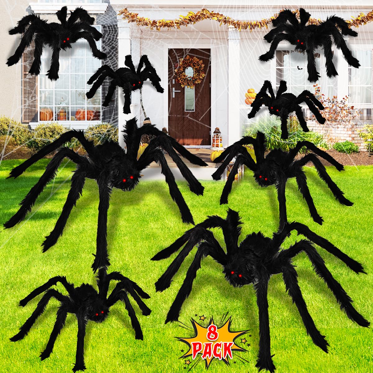 Dreampark Halloween Spider Decorations, 8 Pcs Realistic Hairy Halloween Spiders Set, Scary Spider Props for Indoor Outdoor Outside House Yard Creepy Halloween Decor