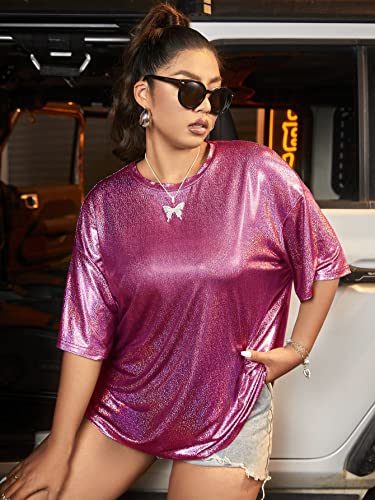 Verdusa Women's Plus Size Metallic T Shirt Drop Shoulder Oversized Tee Top Hot Pink 1XL