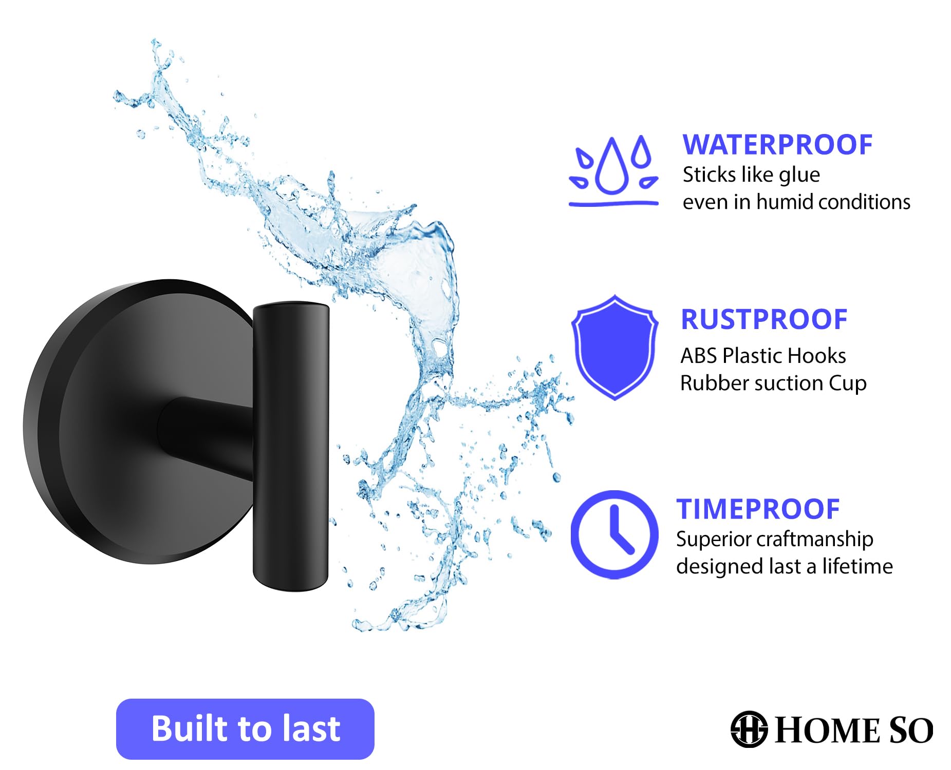 HOME SO Suction Cup Hooks T Shape for Shower, Bathroom, Glass Door, Mirror, Tile β Loofah, Towel, Coat, Bath Robe Hook Holder for Hanging up to 15 lbs β Waterproof & Rustproof, Black Matte (2-Pack)