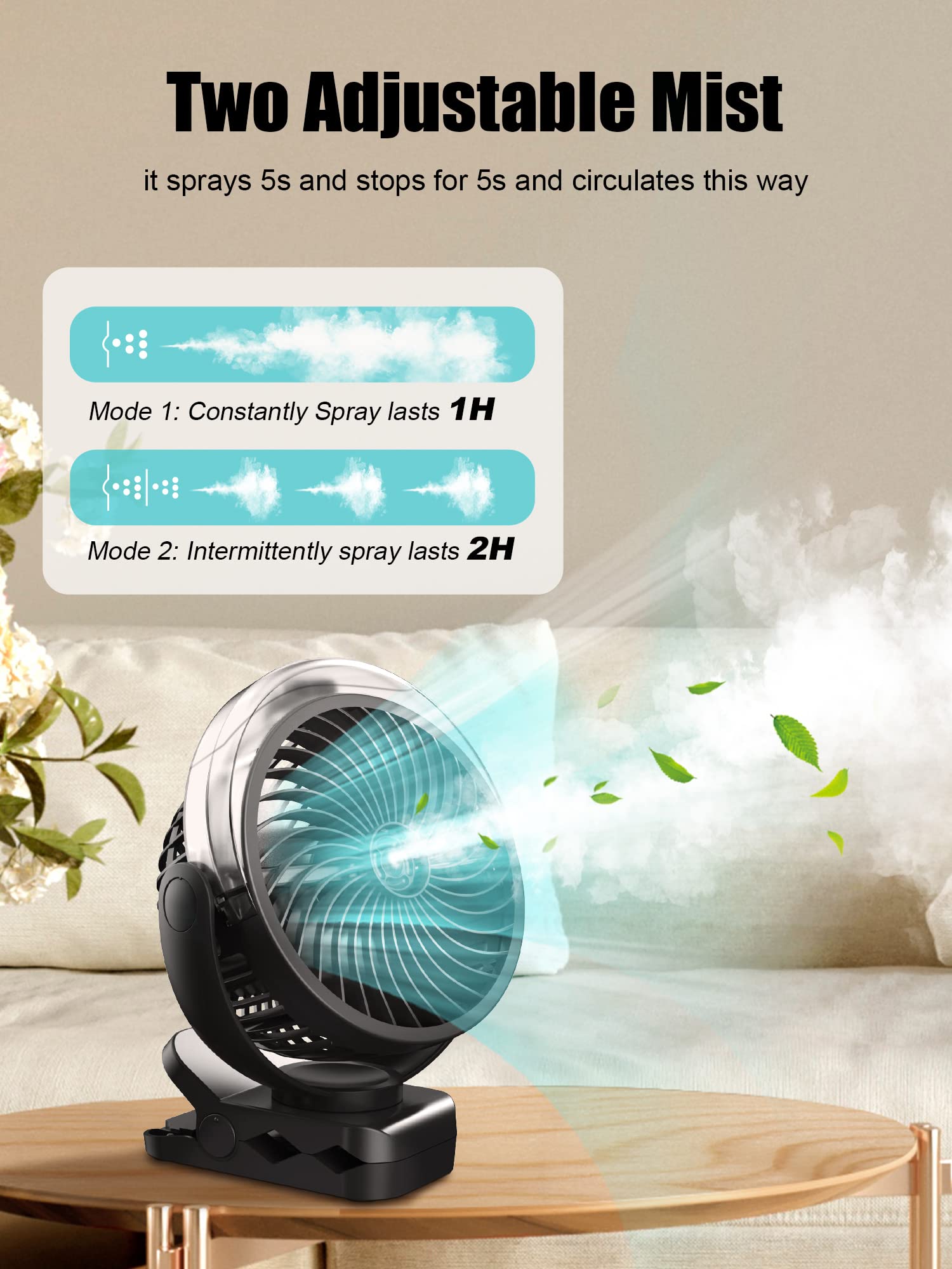 FRIZCOL Clip on Fan with Misting - 6000mAh Portable Fan with Light & Hook - Rechargeable Fan Battery Powered Up to 40 Hours Cooling & 2h Misting for Travel, Office, Desk
