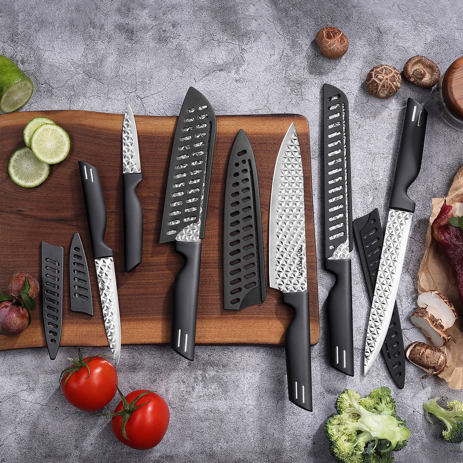 Daphyla Kitchen Knife Set, 12Pcs Stainless Steel Nonstick Sharp Chef's Knife Set for Kitchen, 6 Diamond Texture Blade & 6 Knife Sheathes, Dishwasher Safe For Cooking (Sliver)