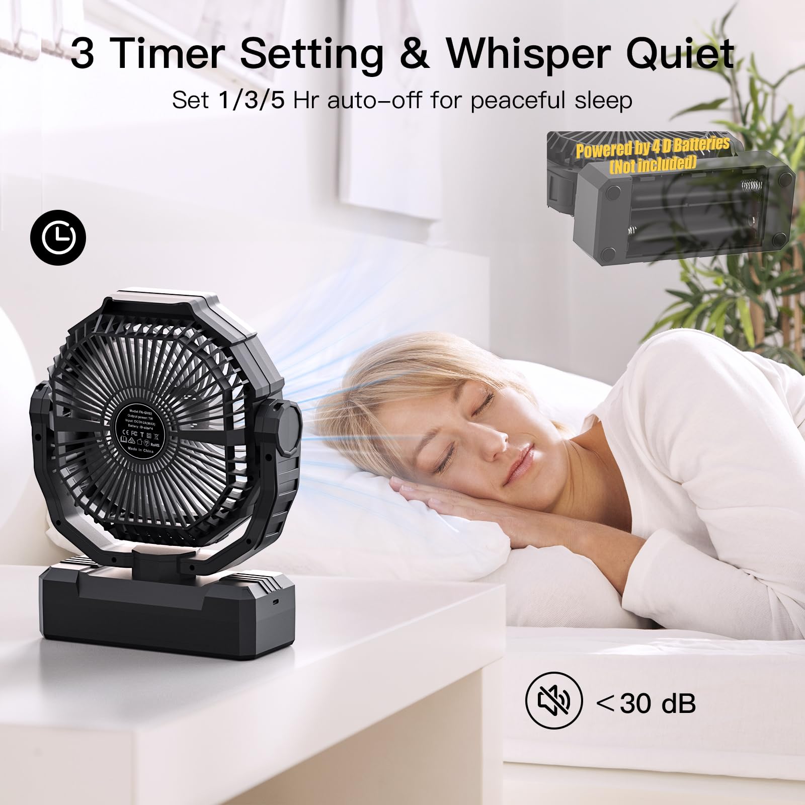 FRIZCOL Battery Operated Fan [200H Max], 2 IN 1 D-Cell Battery & USB Powered Fan, Portable Camping Fan with 4 Speeds, Light, Timer, Remote for Outdoor Tent, Travel, Picnic, Office, Bedroom - Black