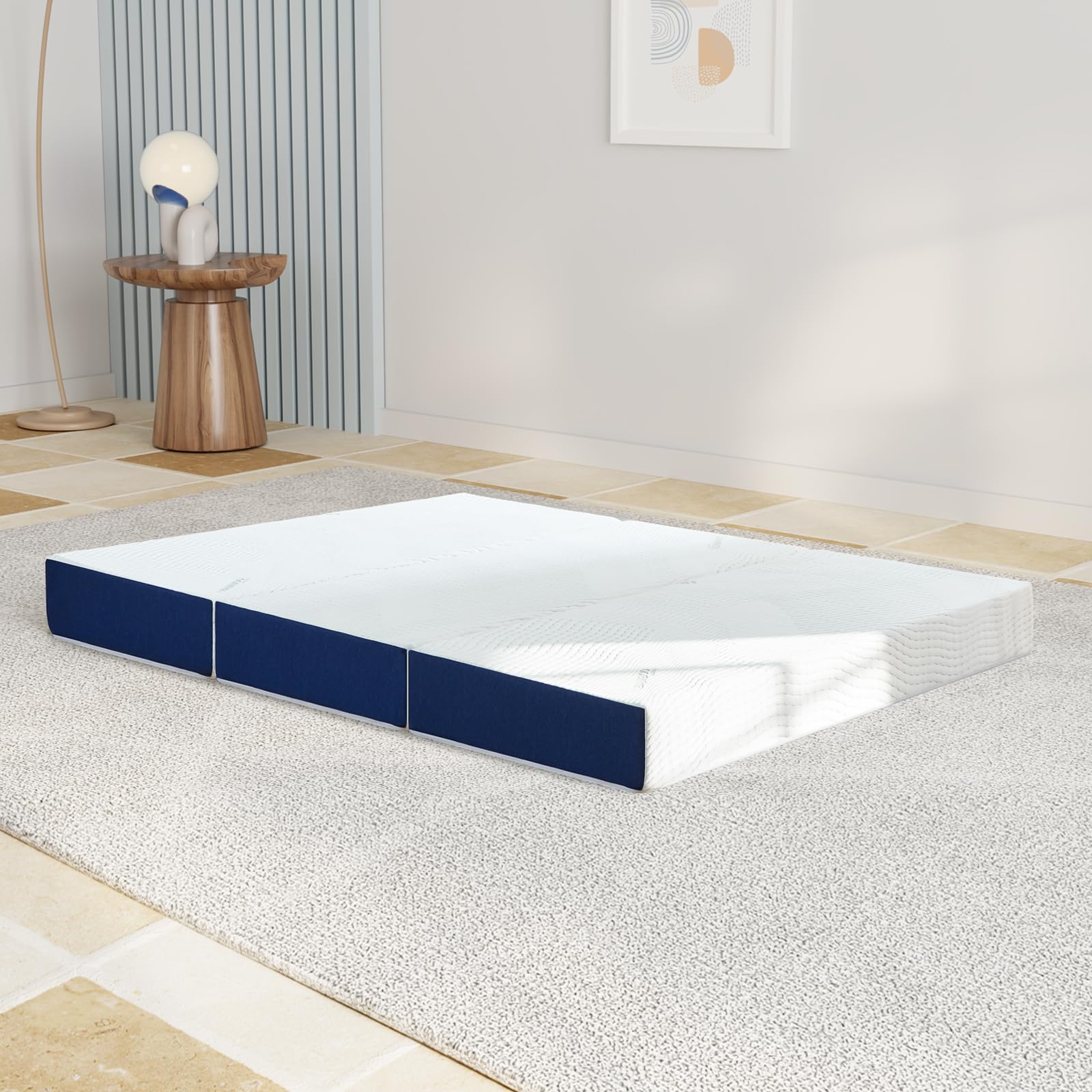 Generic Tri Folding Mattress, 3 inch Memory Foam Mattress Topper with Bamboo Cover for Camping, Guest, Queen Size - 58""x 78""x 3"", White