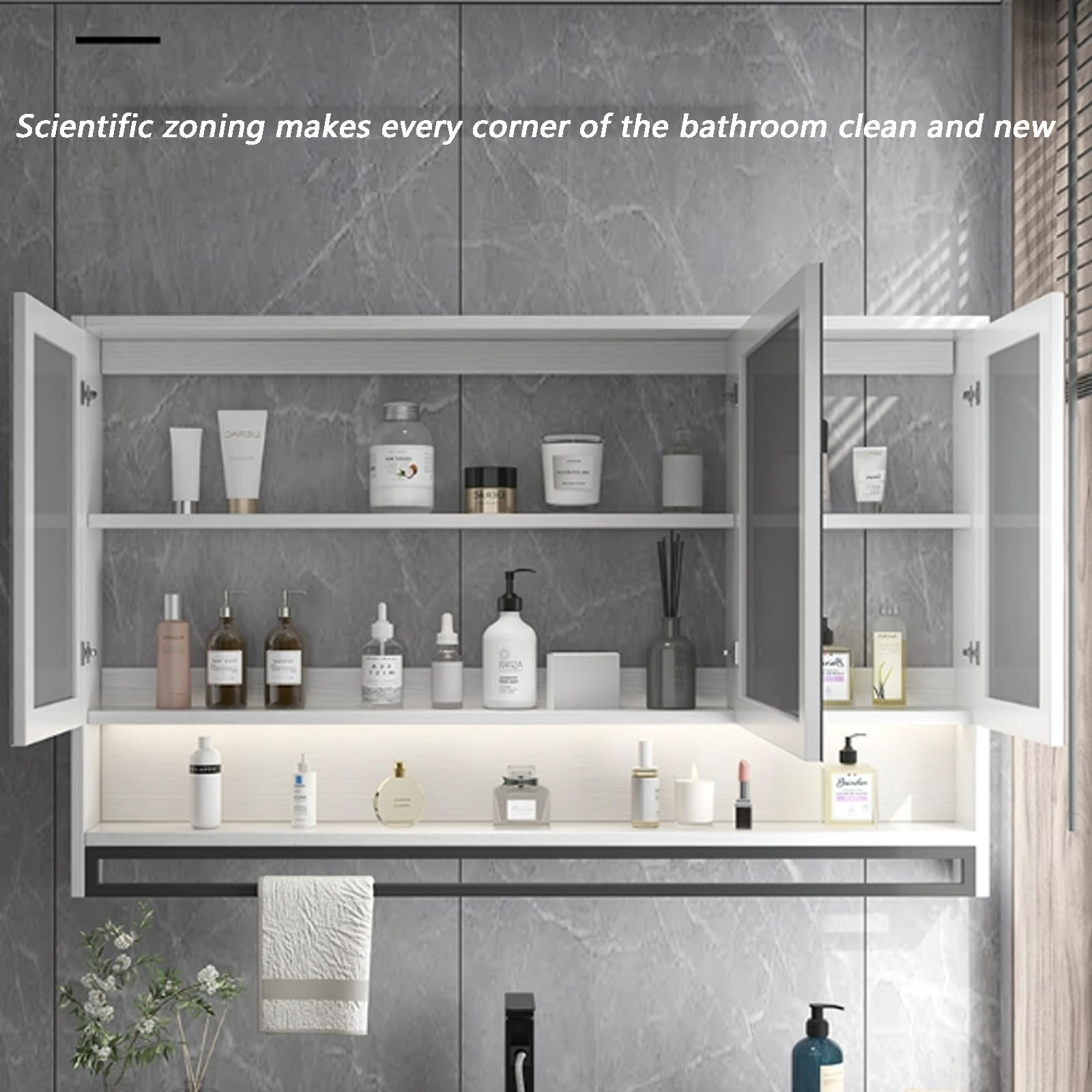 Medicine cabinet with HD mirror,bathroom mirror with anti fog,Modern Smart medicine cabinet mirror with LED lights,bathroom storage organizer Clock and Temper Display,With towel bar,Touch Switch ( Col