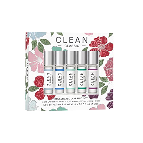 CLEAN CLASSIC Eau de Parfum Rollerball Fragrance Holiday Gift Set | Includes Warm Cotton, Skin, Rain, Soft Laundry, and Pure Soap | 5 x .17 oz or 5 mL