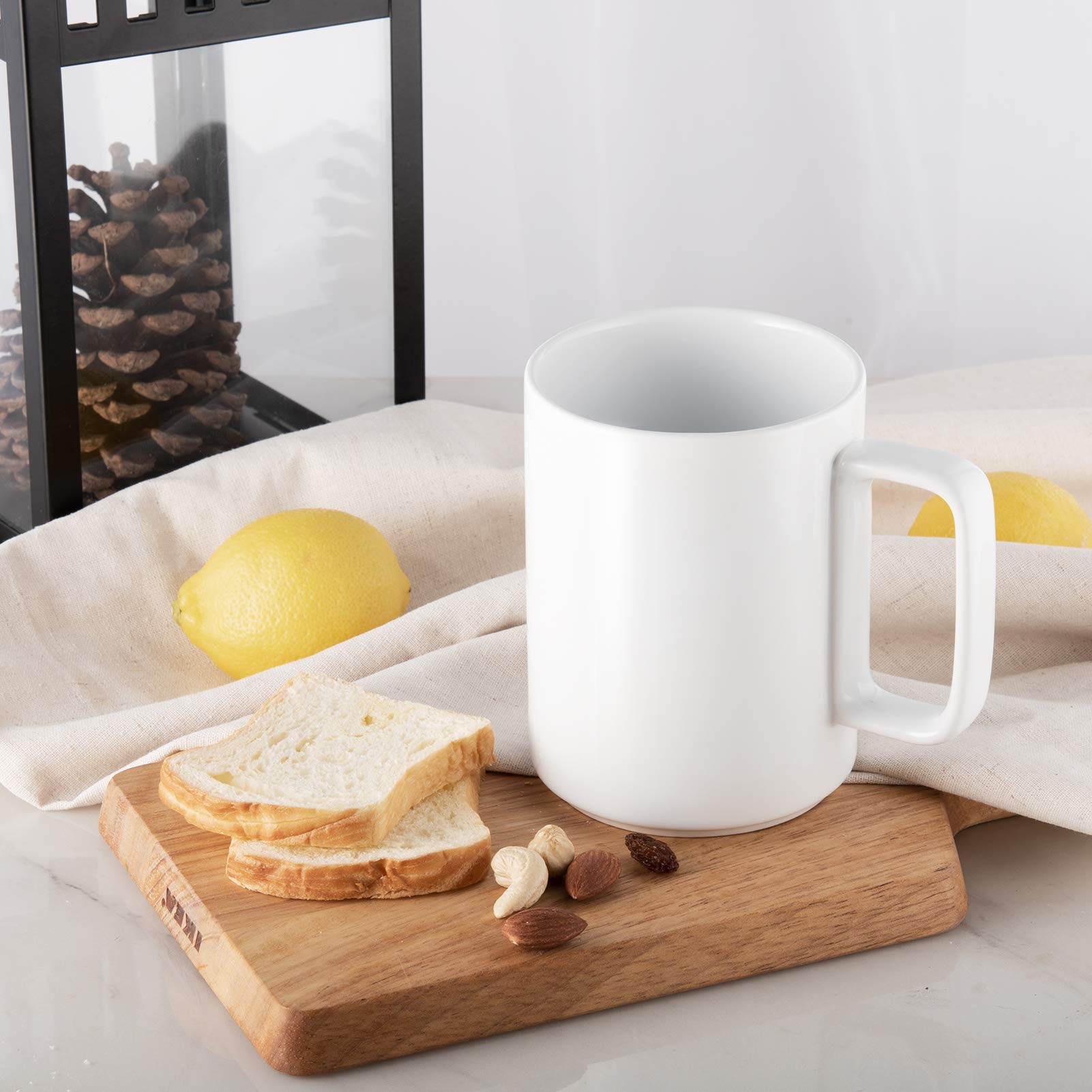 E-liu Porcelain Tea Mugs Coffee Mug Set, Large 15 Ounces Cups for Coffee, Tea, Cocoa, and Mulled Drinks, Set of 6, White