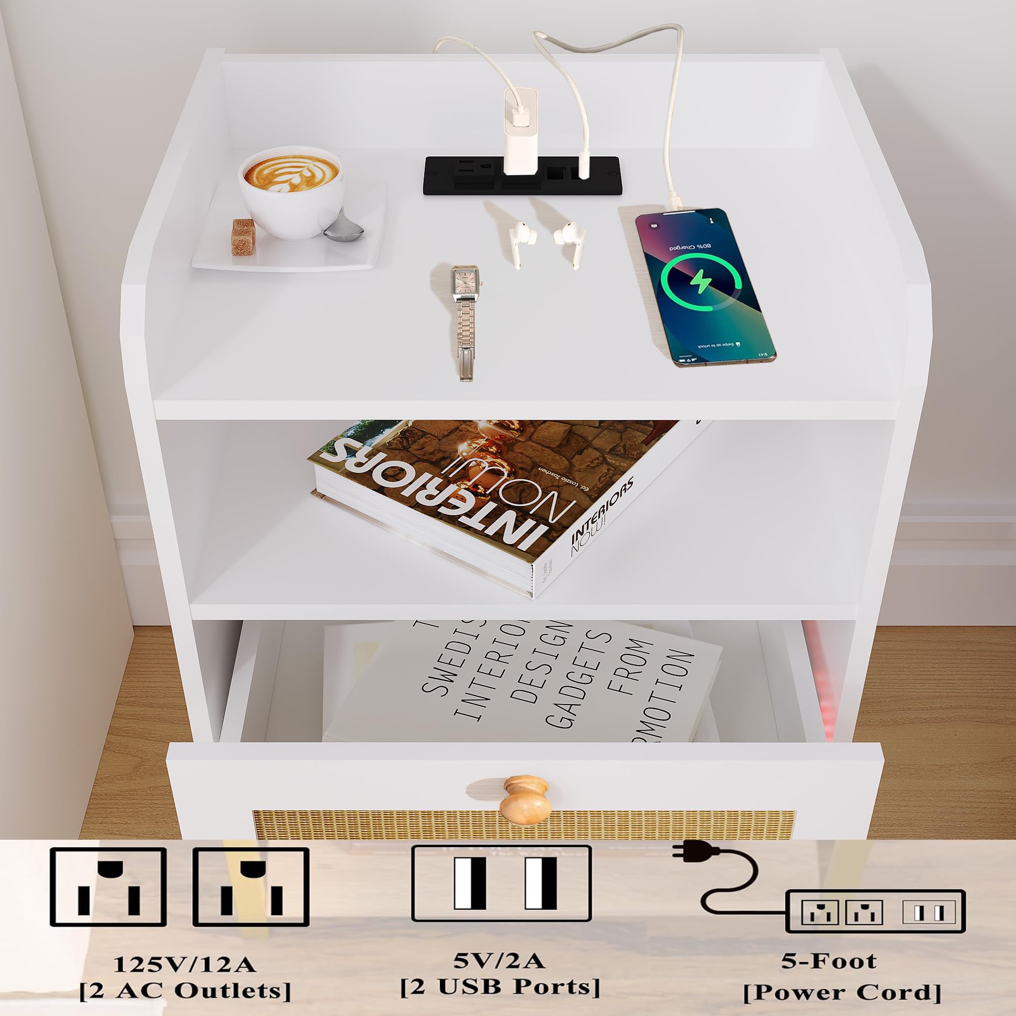 Gyger Nightstand Set of 2,Wood Nightstand with Charging Station,Bed Side Table with Rattan Decor Drawer,Small Night Table with Storage for Bedroom,White