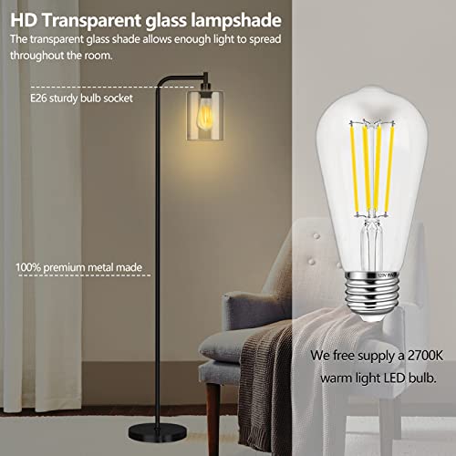 QiMH Industrial Floor Lamp for Living Room, Modern Standing Lamp with HD Glass Lampshade and Pedal Switch, 67β Tall Pole Light for Bedroom Study Room, Black (2700K LED Bulb Included)