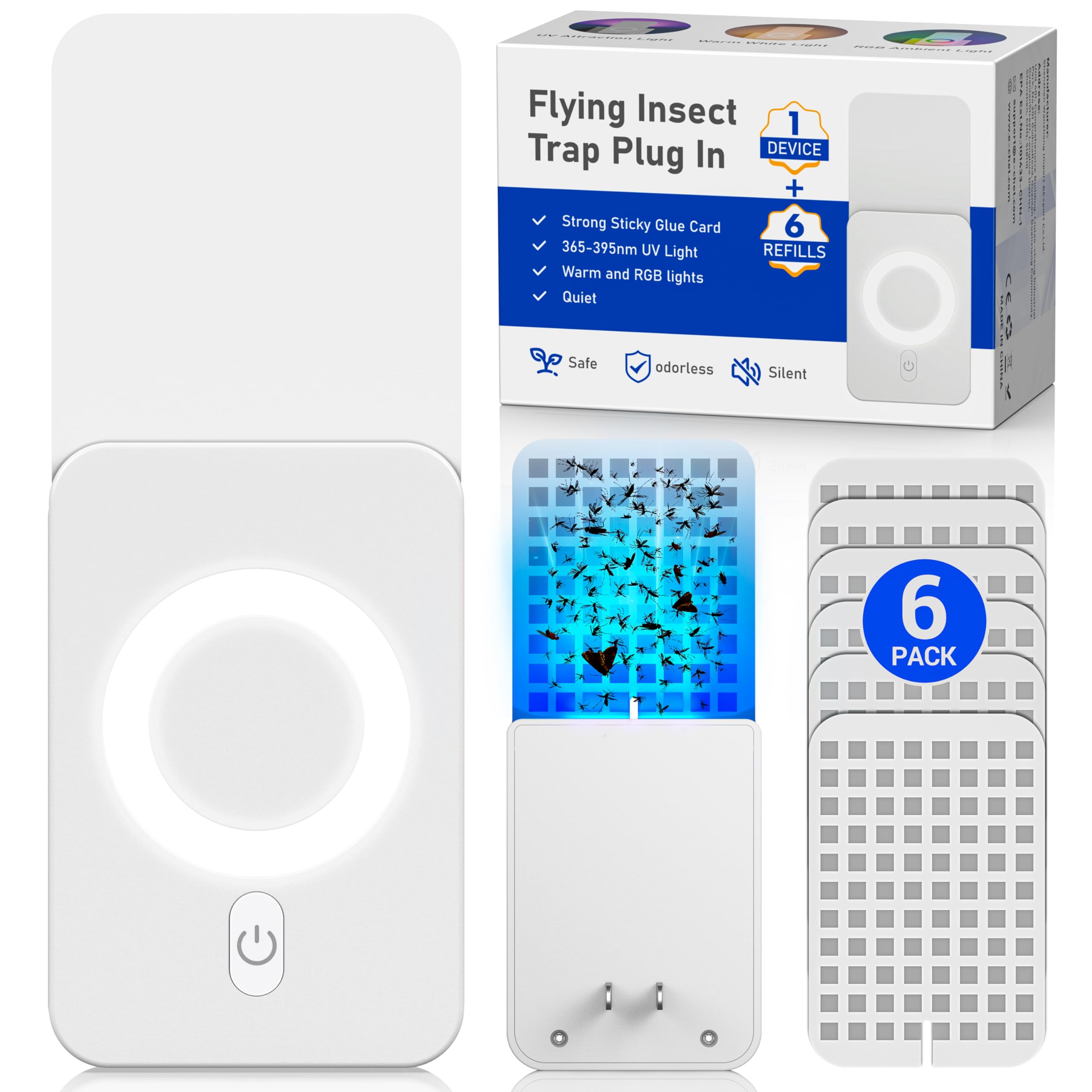 Fruit Fly Traps for Indoors, Safe & Effective Plug in Fly Trap Indoor Bug Catcher with Bug Light, Warm & RGB Night Light, Flying Insect Trap Gnat Traps for House Indoor Home, 1 Trap+6 Glue Cards