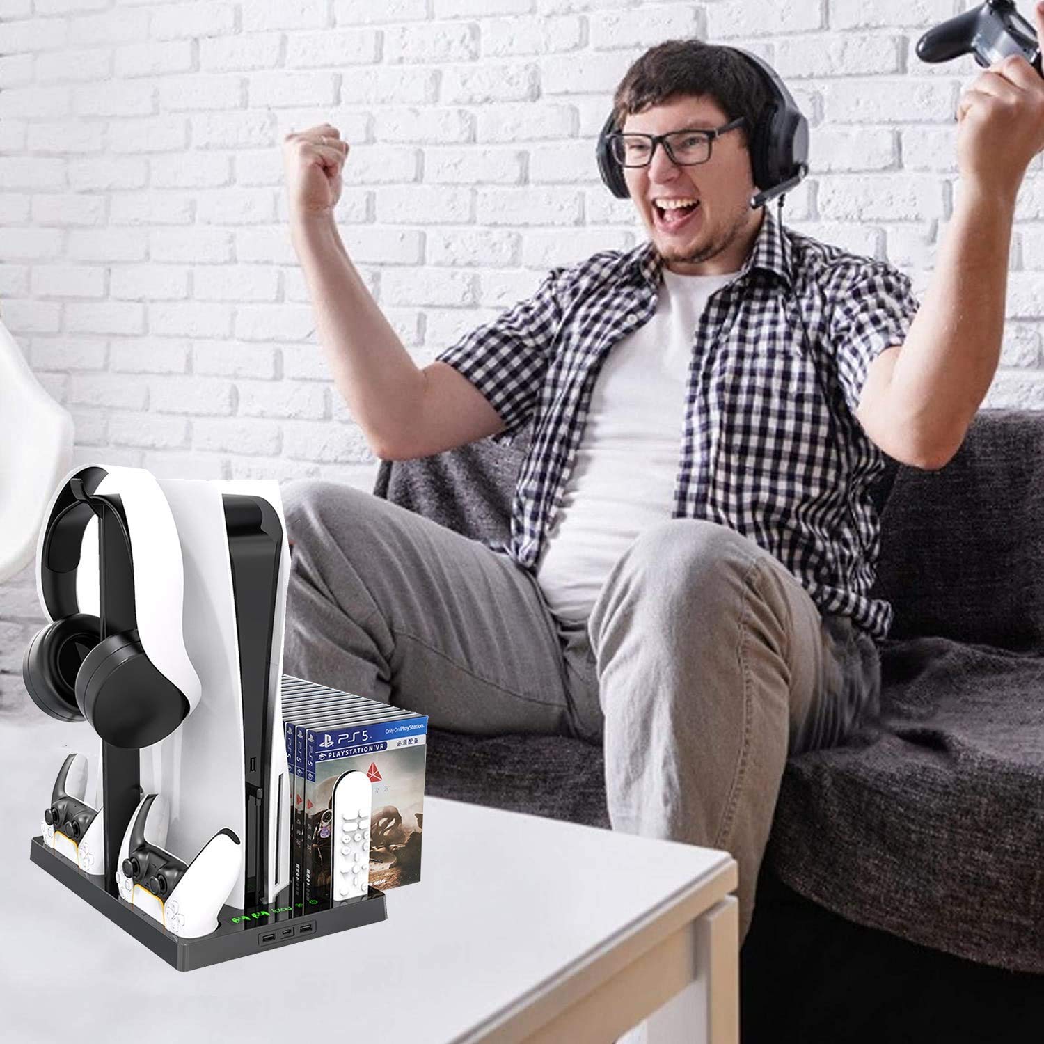 DeHasion Mulfunction PS5 Cooling Stand with Ps5 Controller Charger Docks/Vertical Cooler System/Headset Holder/15-Slot Disc Stoarge for PS5 DE and UHD Edition
