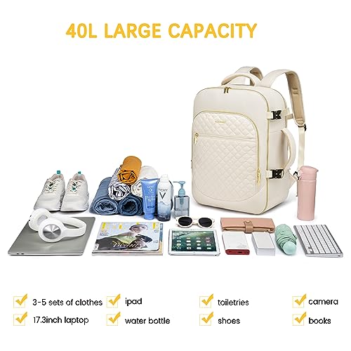 LOVEVOOK Carry on Backpack,40L Women Travel Backpack Airline Approved,Waterproof Large TSA 17inch Laptop Backpack Daypack with Anti-theft Pocket for Business Trip College Weekender,Beige