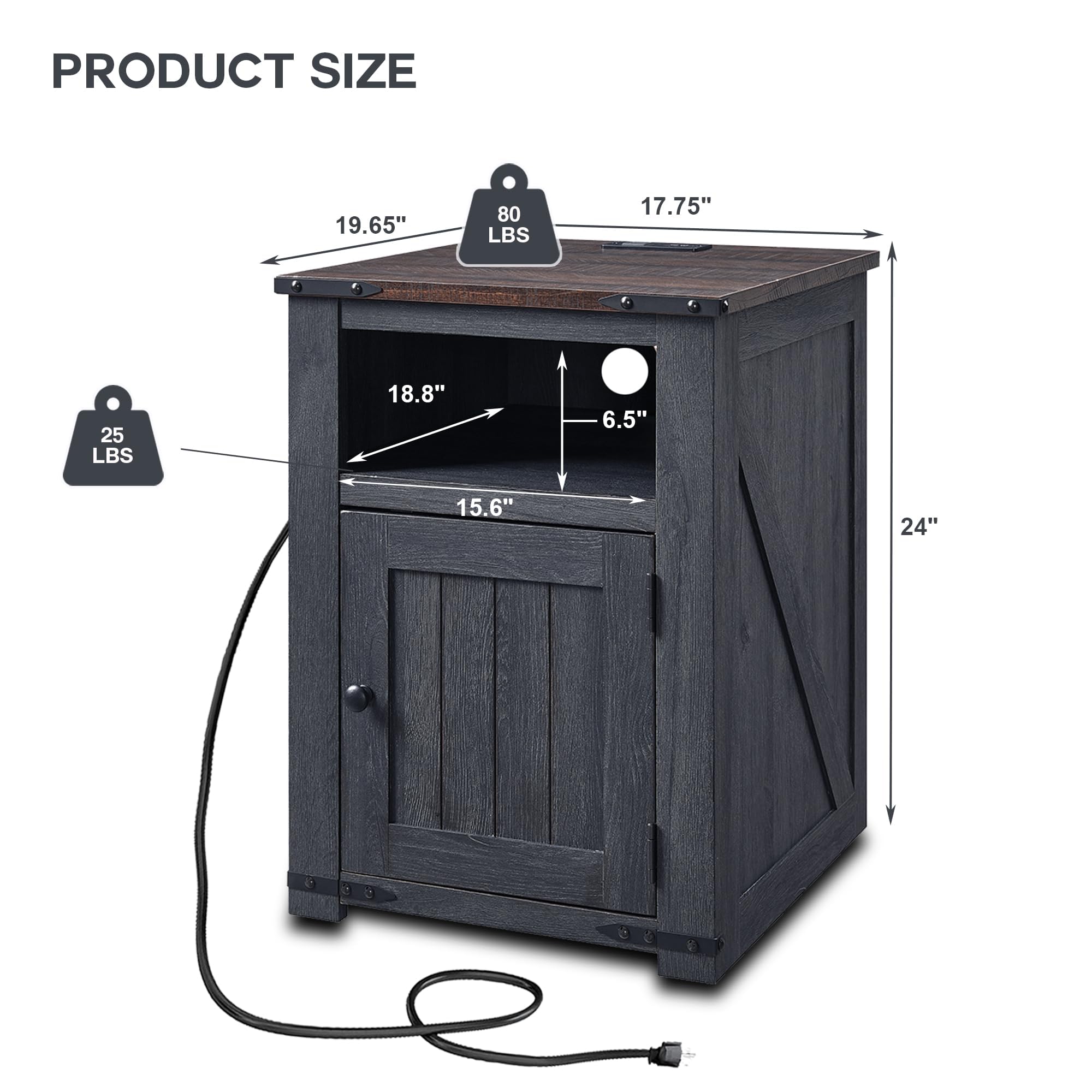 IFGET Farmhouse End Table with Charging Station, 20" Nightstand w/Groove Barn Door, Rustic Wood Bedside Table, Side Table with Storage w/Open & Adjustable Shelf for Bedroom, Living Room (Dark Grey)