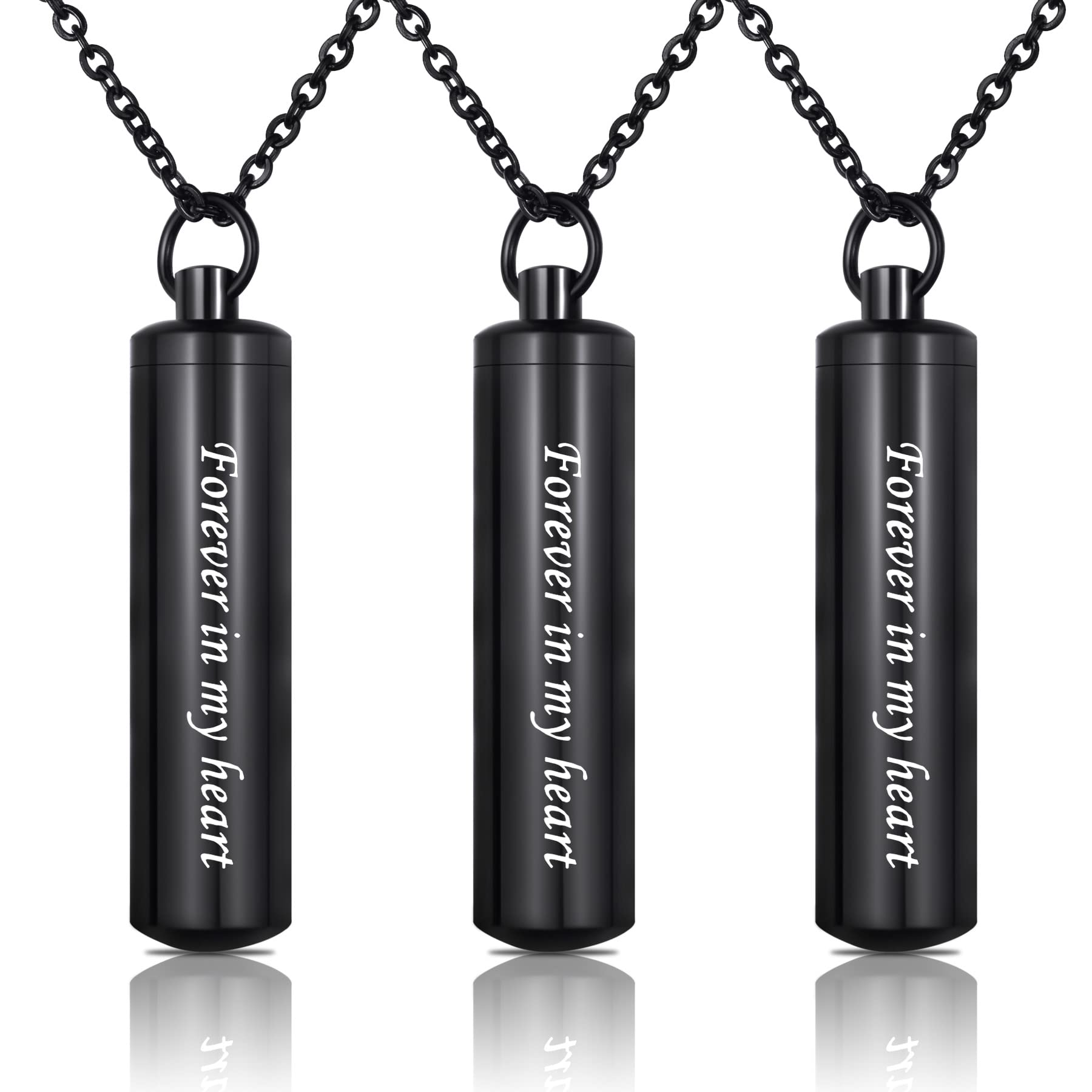 Decor Urns 3 Pack Cylinder Urn Necklaces for Ashes for Women, Memorial Cremation Jewelry for Ashes for Men with Words: Forever In My Heart. Black Ashes Locket Pendant Keepsake with Funnel Kit & Bag