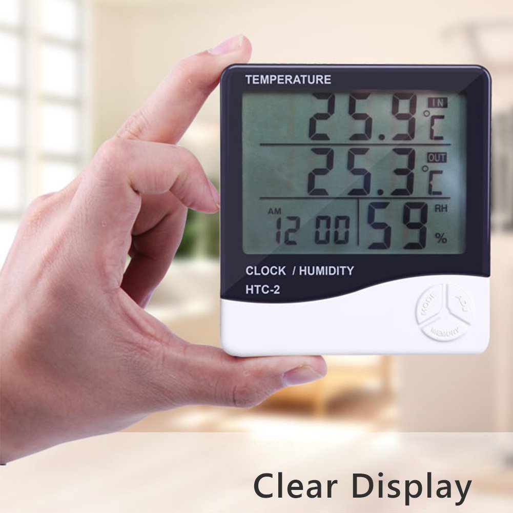 YCDC Digital LCD Temperature Humidity Hygrometer 1.5m Probe Cord, HTC-2 Big Display, More Accurate, Greenhouse Room Indoor Thermometer Monitor,Clock Beep, Fish Tank Temperature Controlling