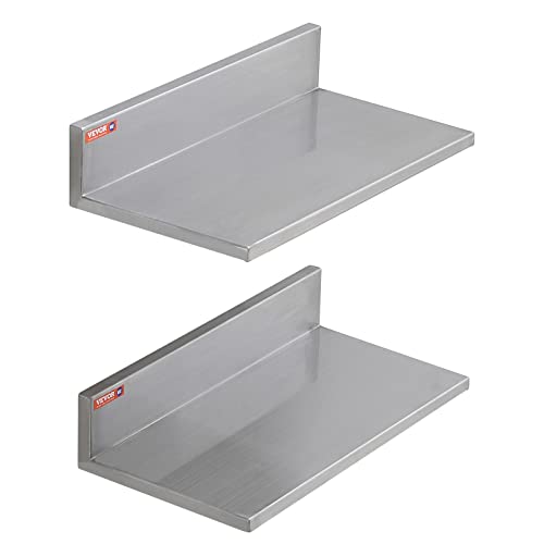 VEVOR 8.6" x 16" Stainless Steel Shelf, Wall Mounted Floating Shelving with Backsplash, 44 lbs Load Capacity Commercial Shelves, Heavy Duty Storage Rack for Restaurant, Kitchen, Bar, Home, and Hotel
