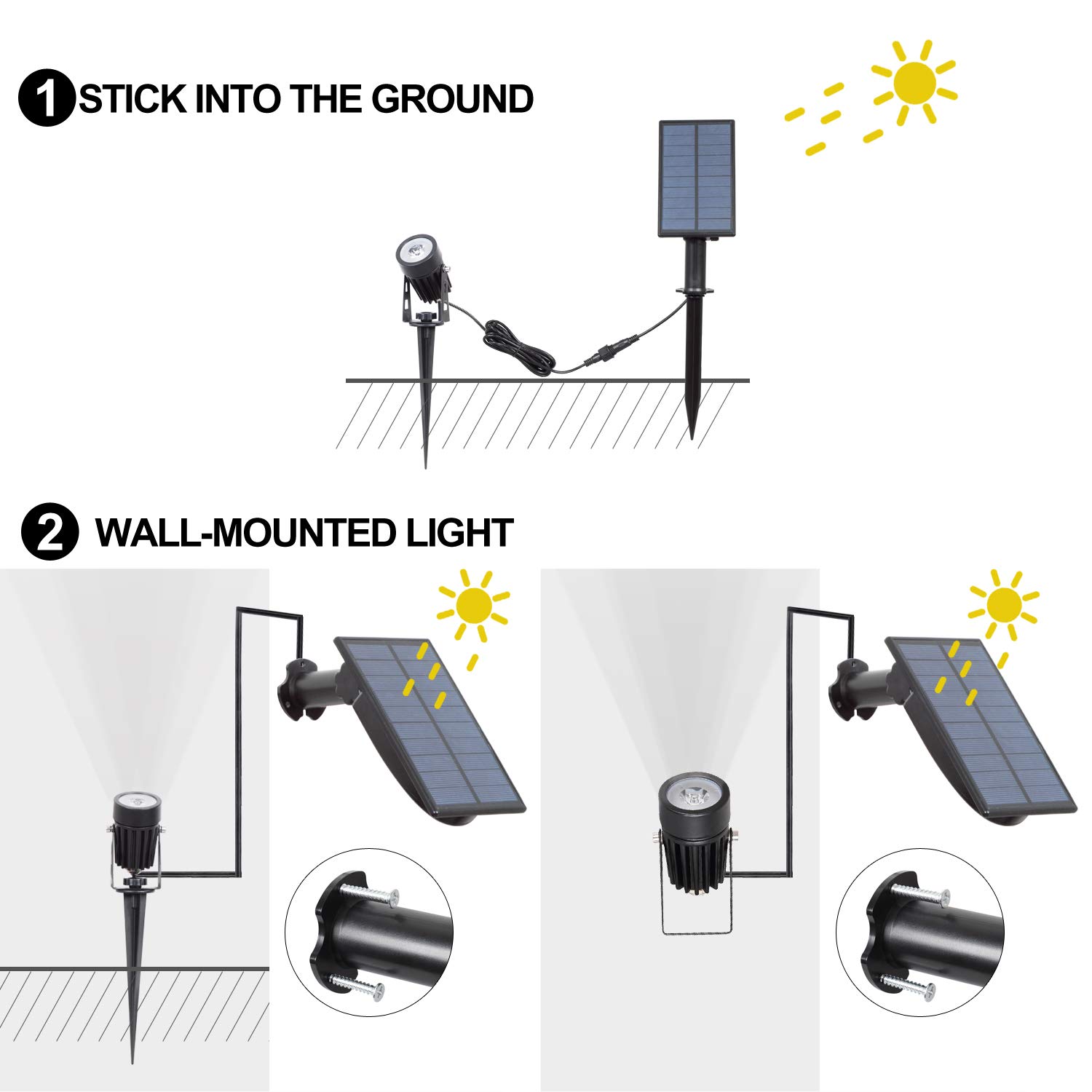T-SUN Solar Spotlights, Outdoor LED Solar Lights, Waterproof Auto ON/Off Solar Wall Lights for Garden,Driveway, Pathway, Pool Area(White)