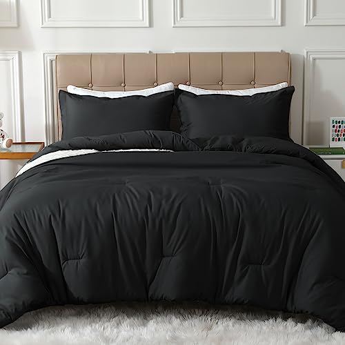 MUXHOMO Queen Comforter Set, Black Comforter for Queen Size Bed, Soft Warm Bedding Set 3 Pieces for All Seasons, 1 Comforter (88"x88") and 2 Pillow Shams (20"x30")