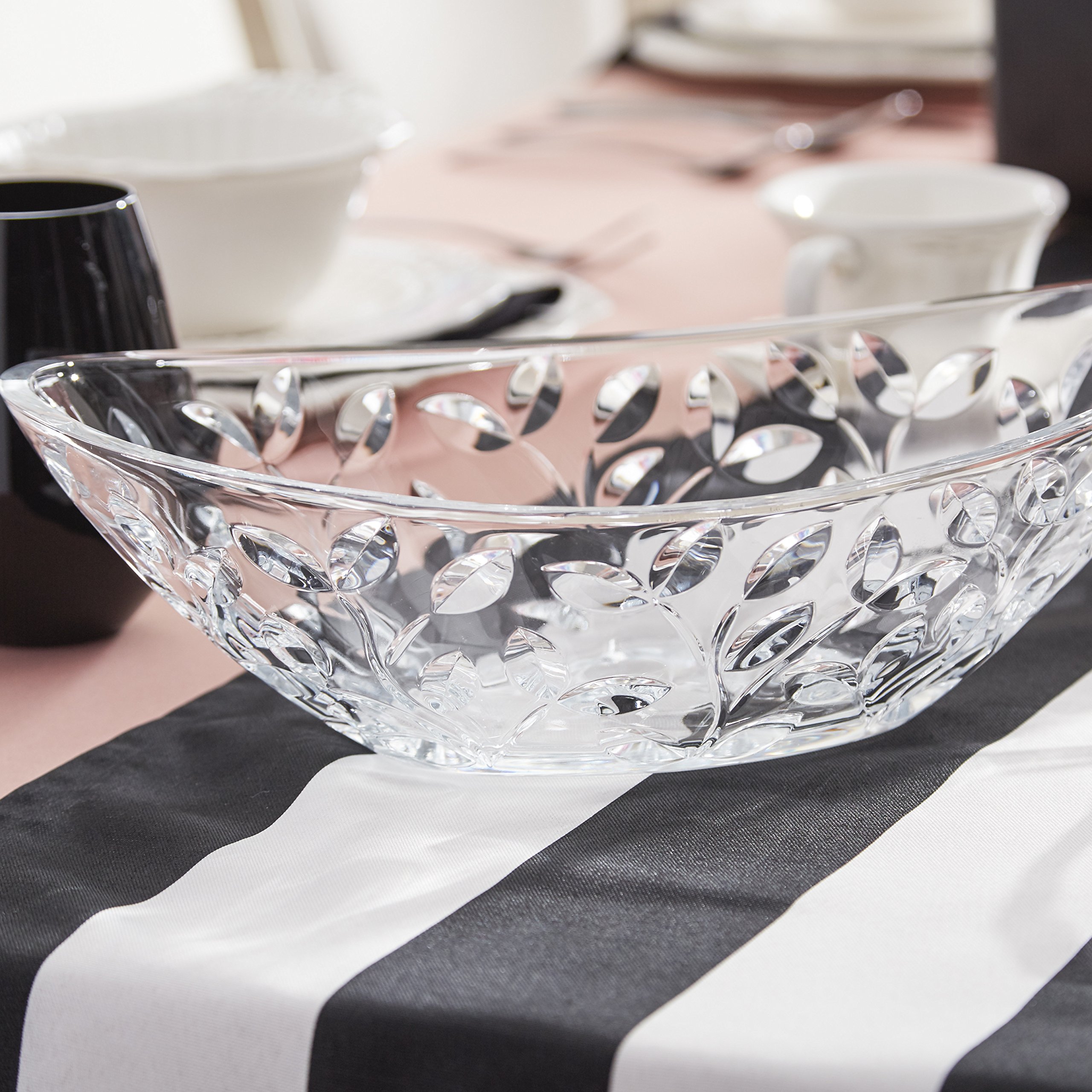 Elegant Crystal Serving Oval Bowl with Beautiful leaf design, Centerpiece For Home,Office,Wedding Decor, Fruit, Snack, Dessert, Server