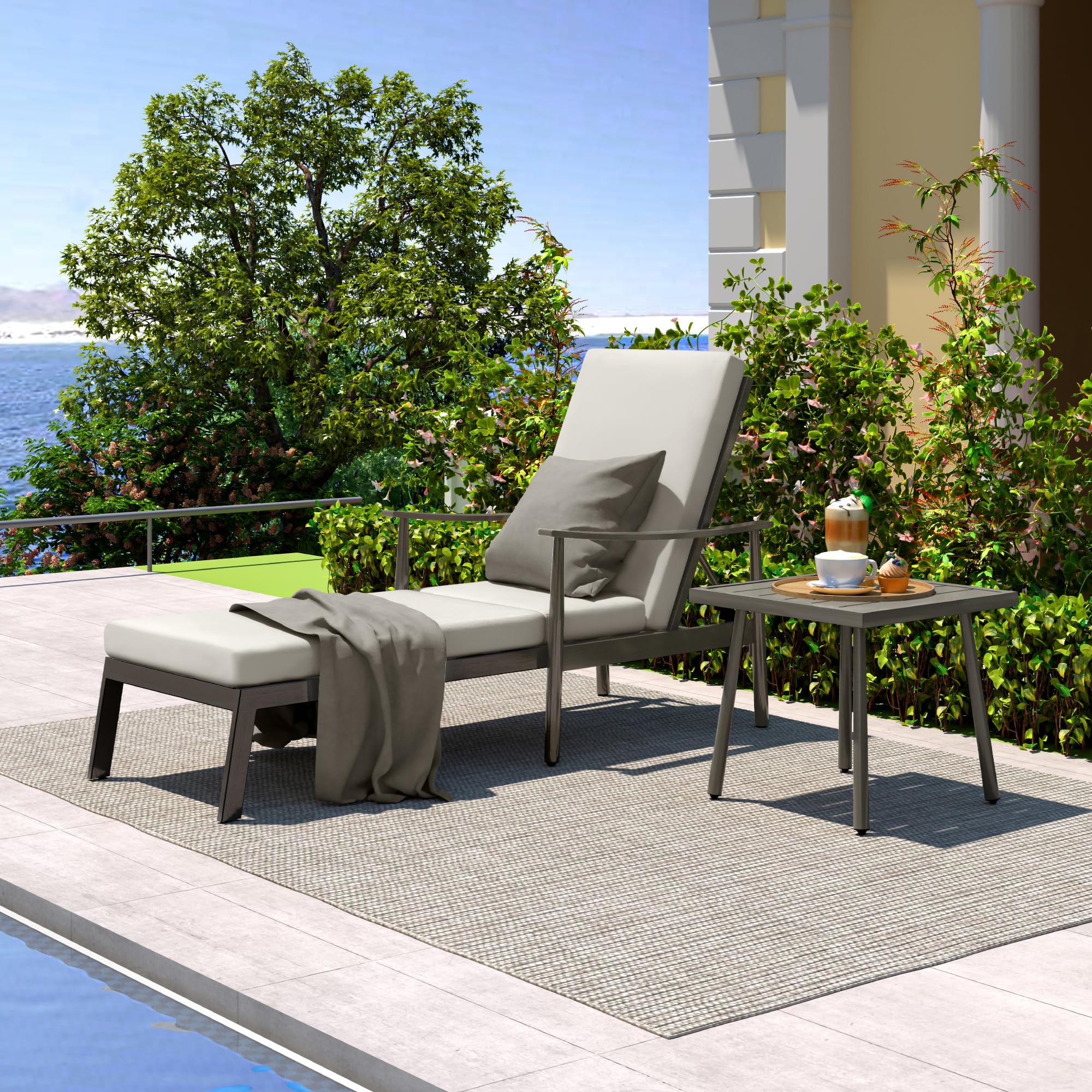 LUXIJOY Outdoor Lounge Chair with Side Table, Patio Aluminum Chaise Lounge Set of 2, Adjustable Backrest with Ergonomic Armrest, Patio Recliner Chairs Cushions for Lawn Pool Beach (Grey)