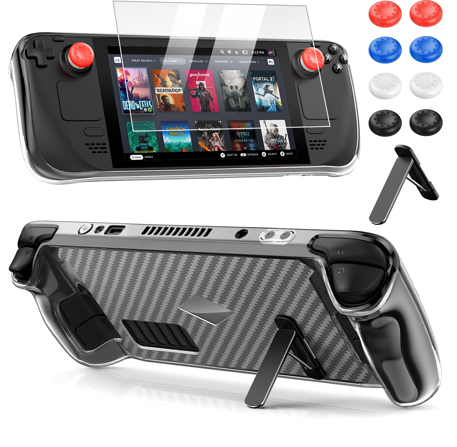Clear Protective Case for Steam Deck Valve, FYOUNG TPU Soft Cover Protector Case for steam Deck Accessories with Kickstand, Screen Protector and Thumb Caps, Shockproof Anti-Scratch Design