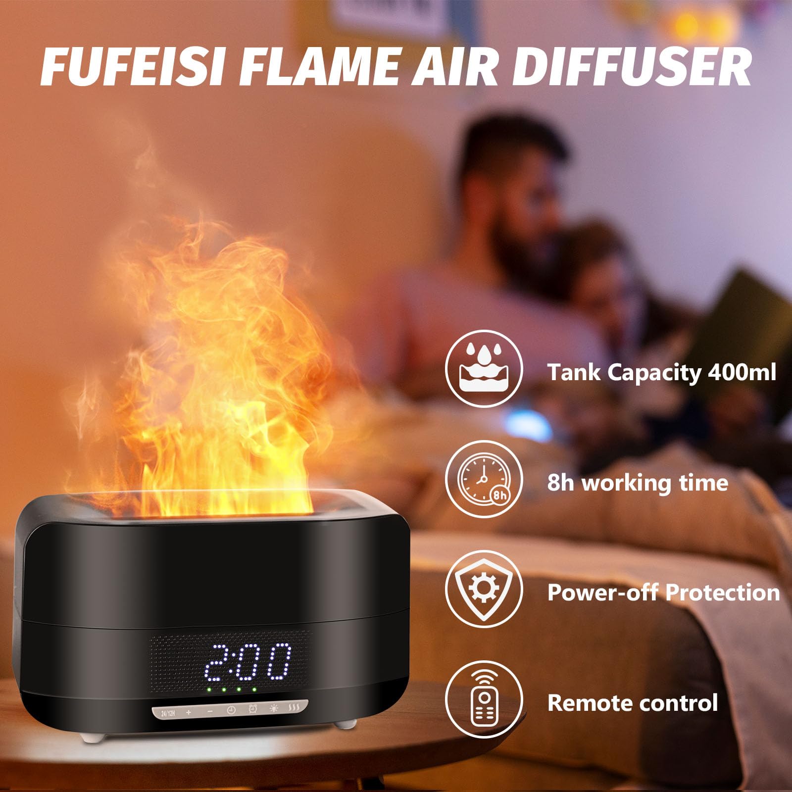 fufeisi Flame Diffuser Humidifier 400 ML, Fireplace Diffuser Alarm Clock with Remote Control, Timer for Bedroom Office Desk Yoga Essential Oil Diffuser, Auto Turn Off Cool Mist Humidifier(Black)