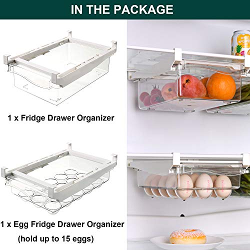 LALASTAR Fridge Drawer Organizer & Egg Holder For Refrigerator, Set of 2, Pull Out Refrigerator Storage Drawers for Fruits, Vegetable And Egg, Storage Containers Fit for Fridge Shelf Under 0.6"