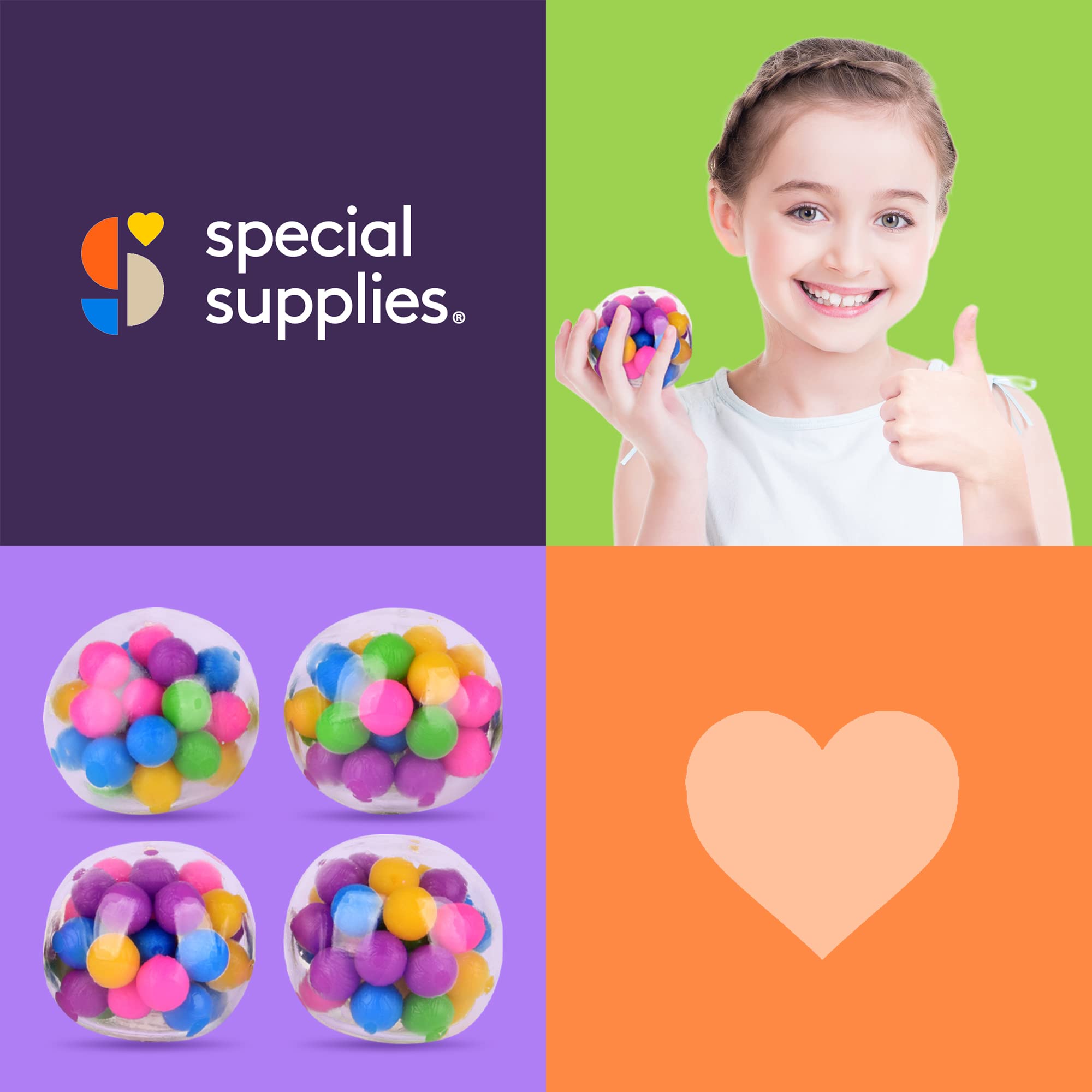 Squishy Stress Ball Squeeze, Color Sensory Toy, Relieve Tension, Anxiety, ADHD, Home, Travel and Office Use, Fun for Kids and Adults (4-Pack)