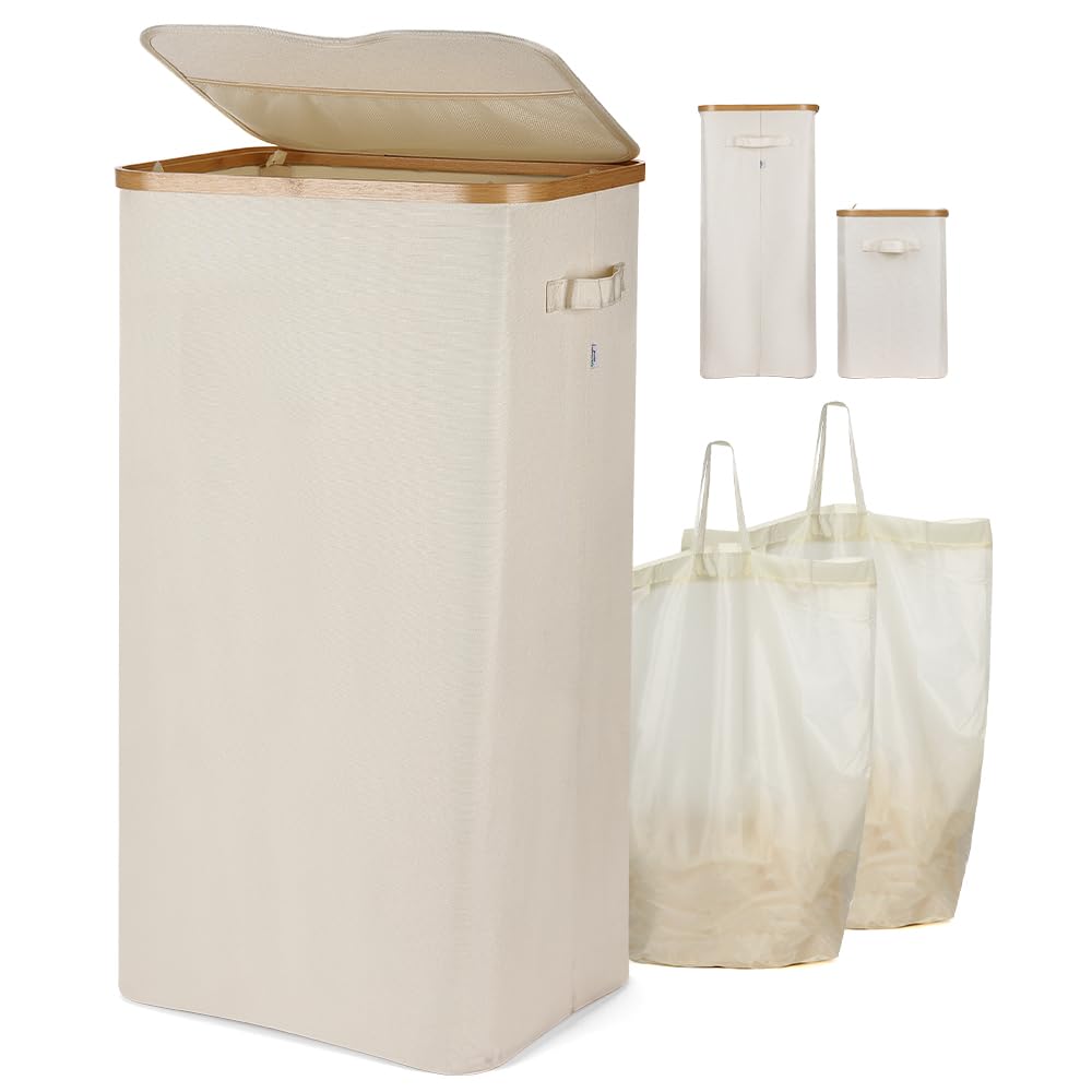 yamagahome Laundry Basket with Lid, 100L Collapsible Large Laundry Hamper with 2 Removable Laundry Bag and Upgrade Lid Design, Waterproof Laundry Basket Storage Made of Bamboo and Oxford